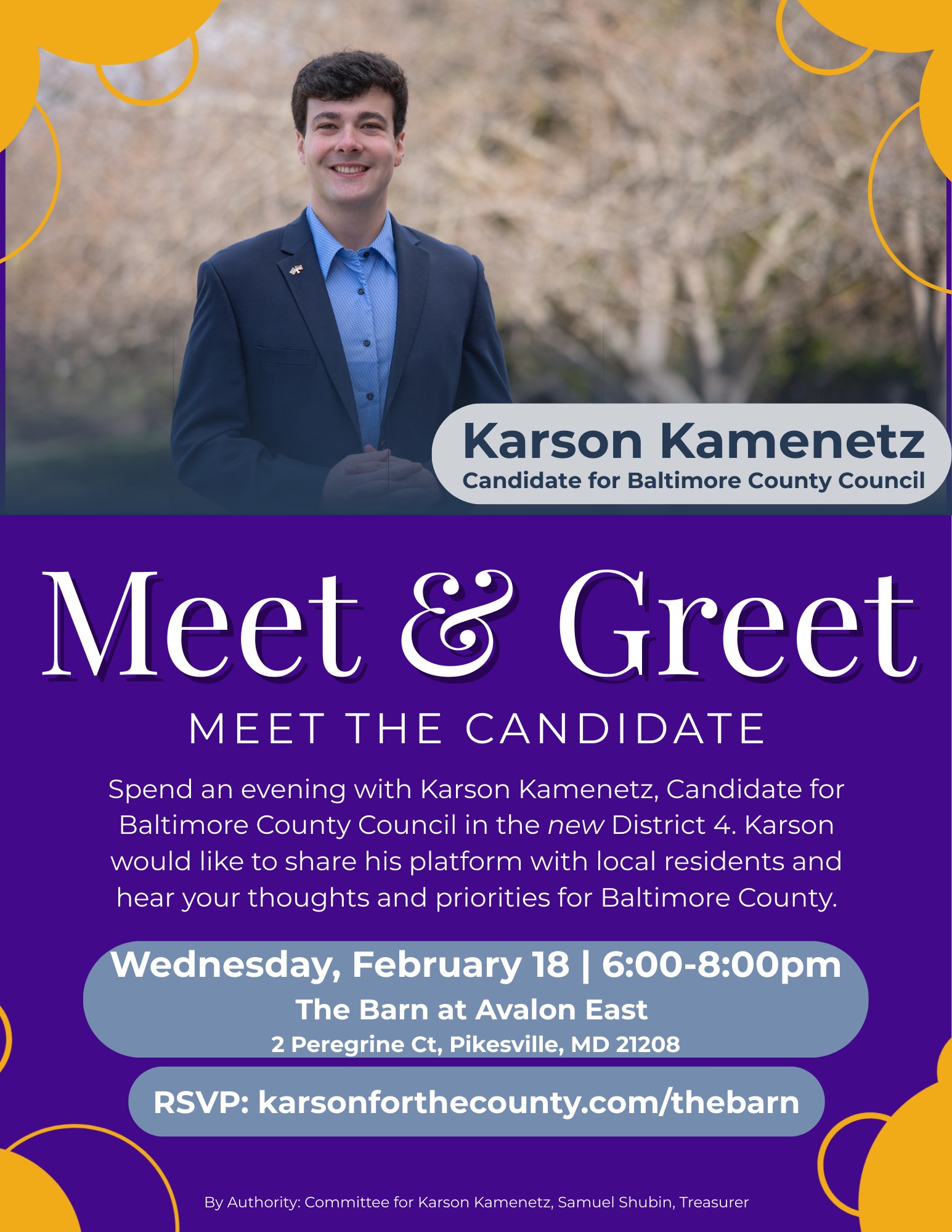 Join Karson for a Free Meet-and-Greet - Karson Kamenetz for Baltimore ...